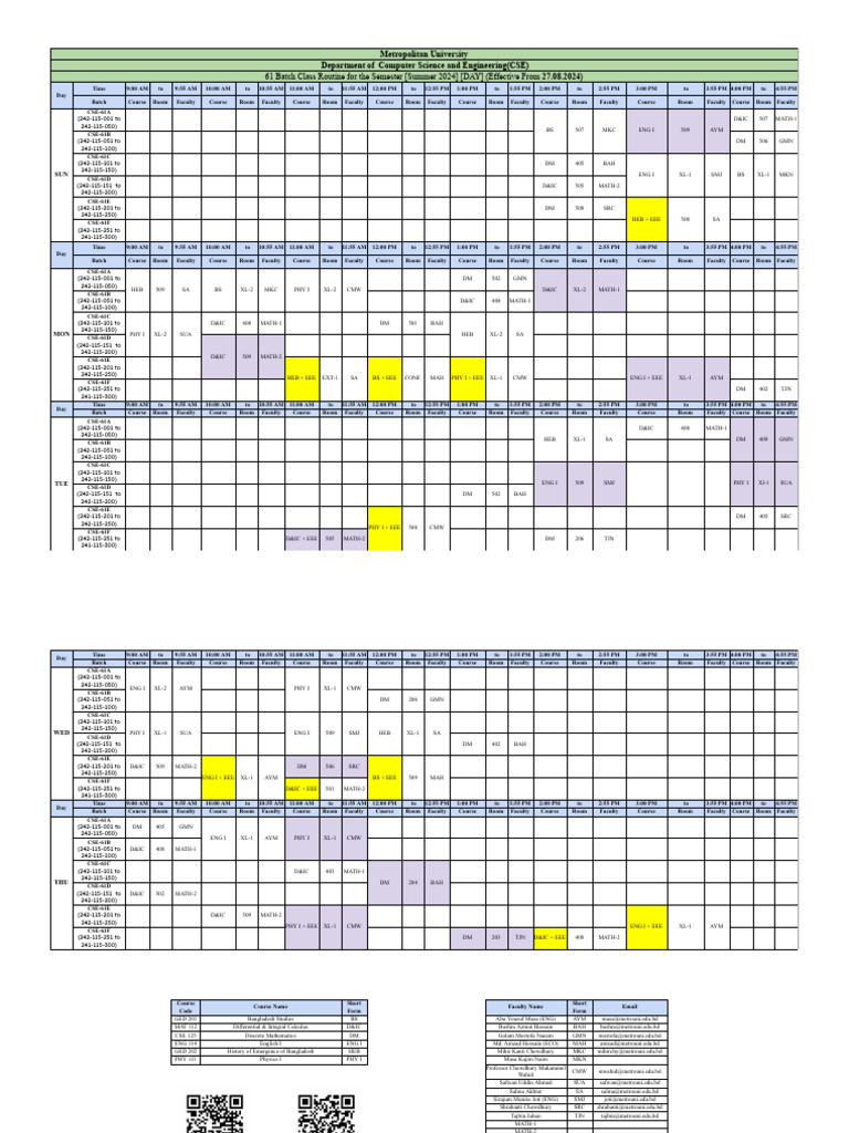 CSE DAY 61 Batch Class Routine-Summer 2024 | PDF