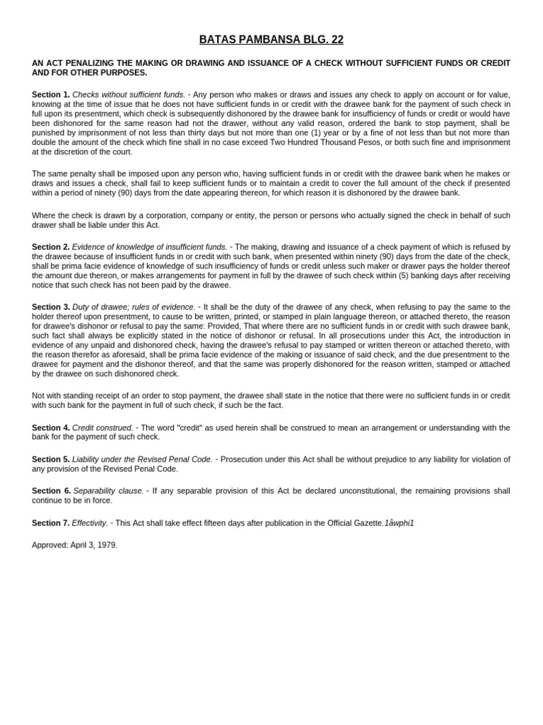 Batas Pambansa Blg. 22: Checks Without Sufficient Funds | PDF