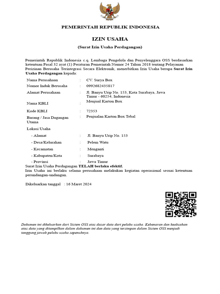 Izin Usaha CV Surya Box | PDF
