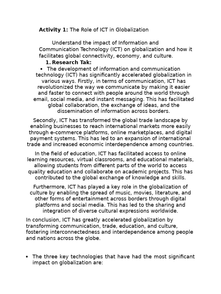 Activity 1 The Role of ICT in Globalization | PDF