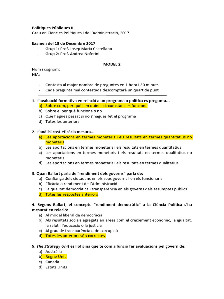 Fet Examen Final 2017 Enunciats Polítiques Públiques II | PDF