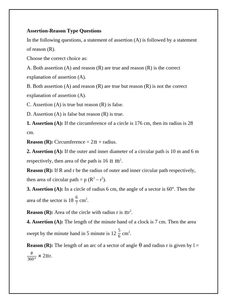 Assertion-Reason Type Questions | PDF | Area | Angle