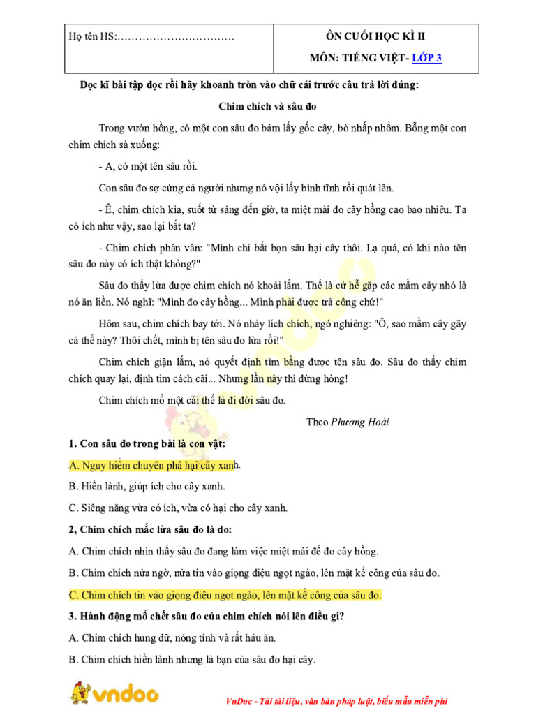 - Ôn đọc thầm HK2 1 | PDF