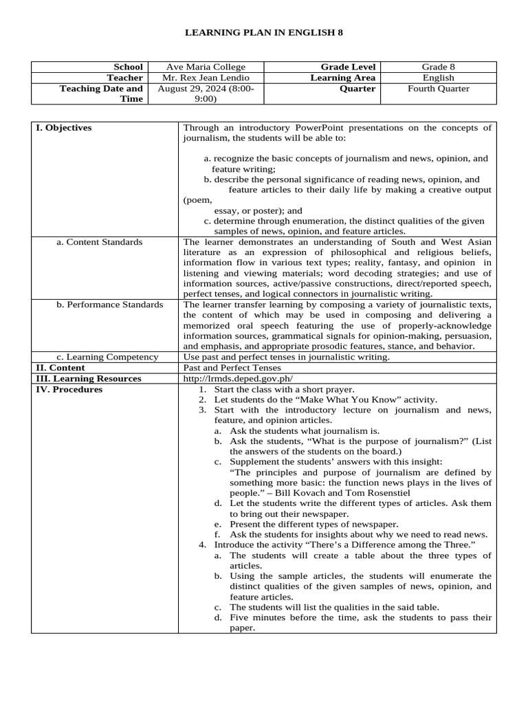 Learning Plan in English 8 | PDF | Learning | Art