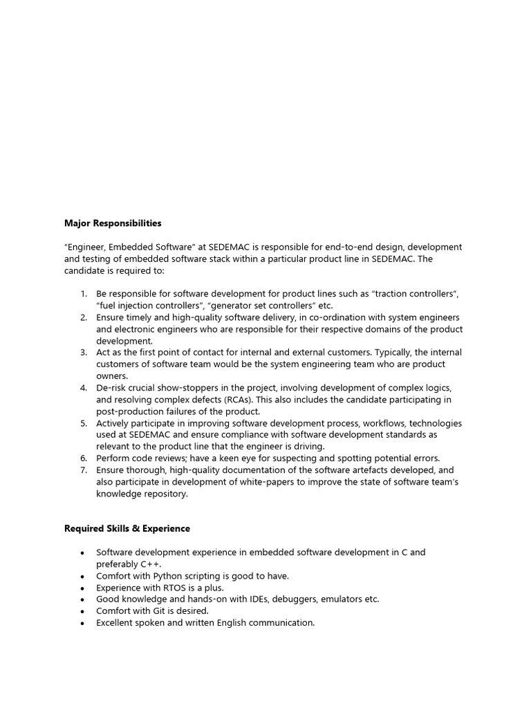 SEDEMAC - JD - Engineer, Embedded Software - Campus | PDF