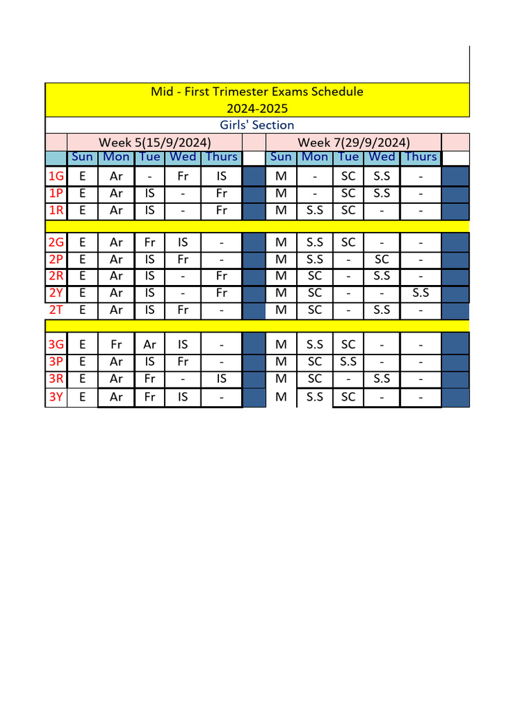 Mid-First Trimester Exams Schedule - Grades 1-3 Girls - 24-25 | PDF