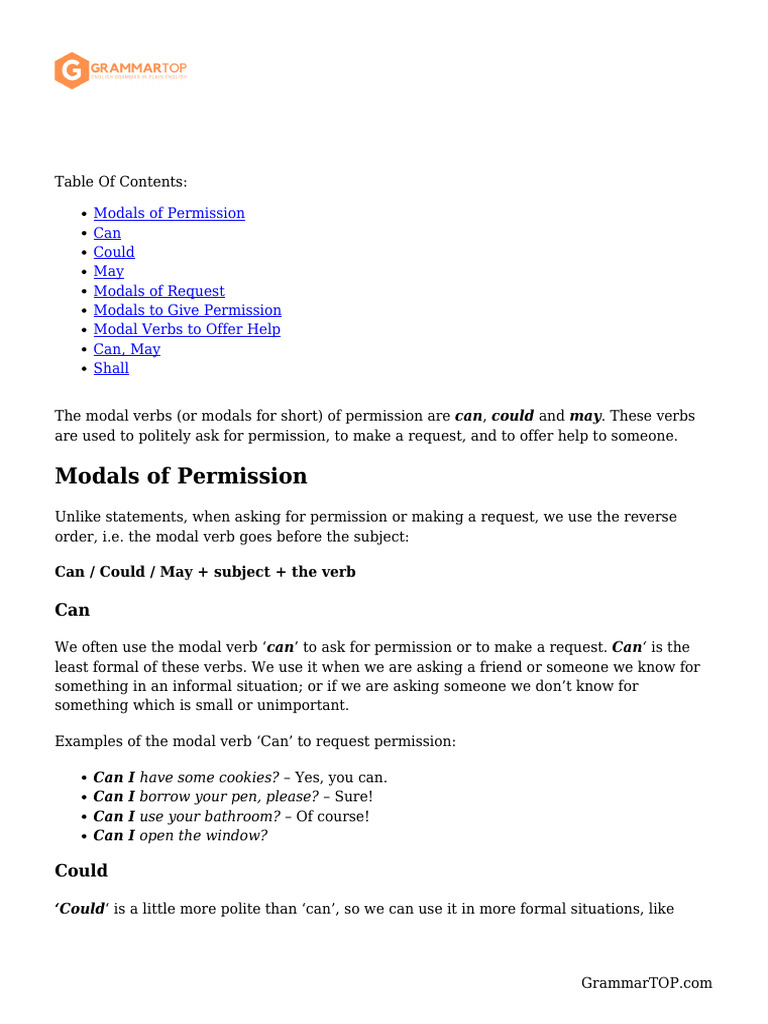 Modal Verbs of Permission, Requests and Offers | PDF