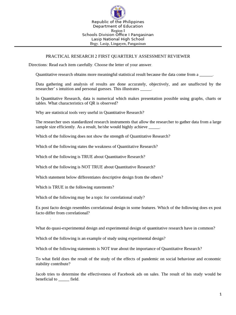 Quantitative Research Reviewer Guide | PDF | Statistics | Self-Improvement