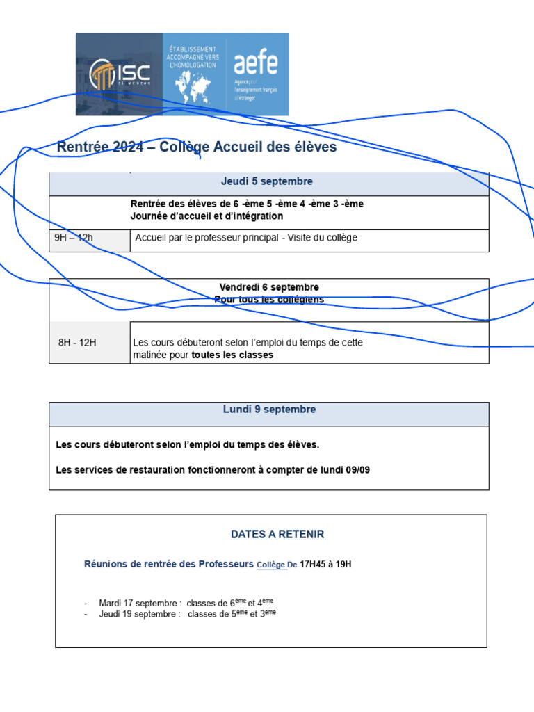 ISC El Menzah - Rentree 2024 - College | PDF