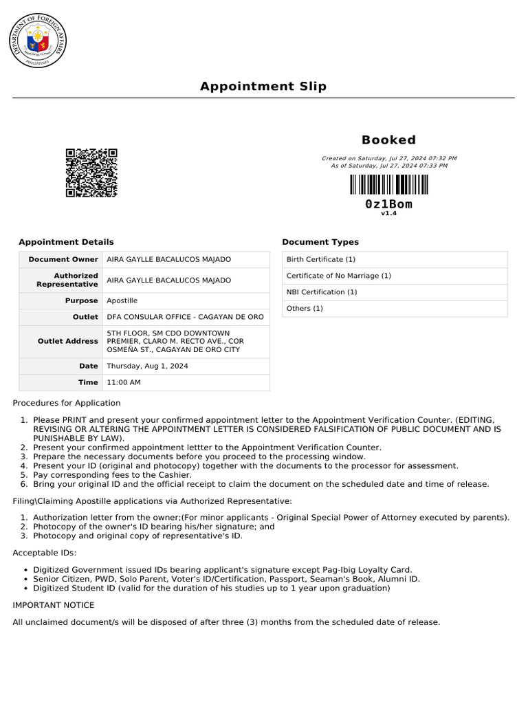 Appointment Slip: 0z1bom | PDF