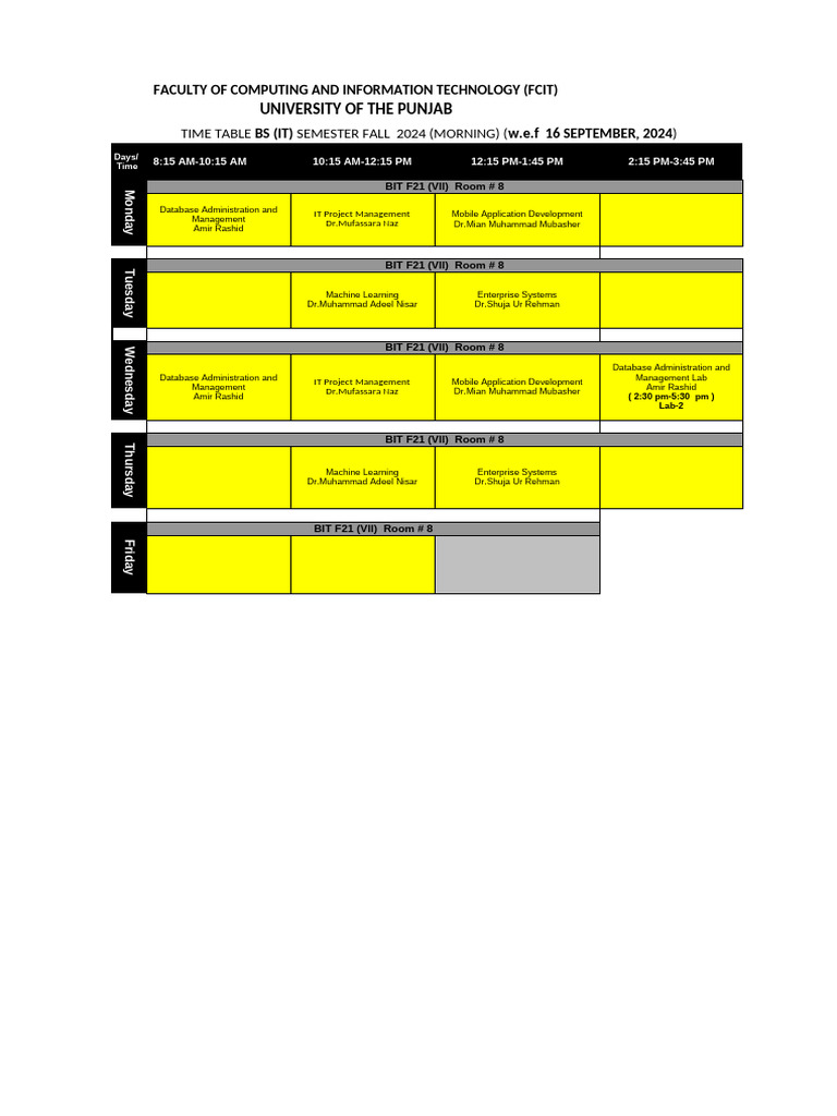 7th Semester Old Campus Time Table Fall 2024 | PDF