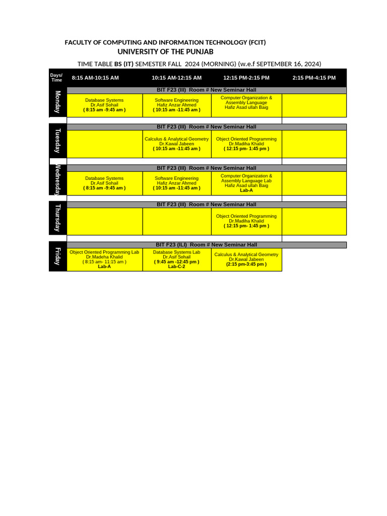 3rd Semester Old Campus Time Table Fall 2024 | PDF