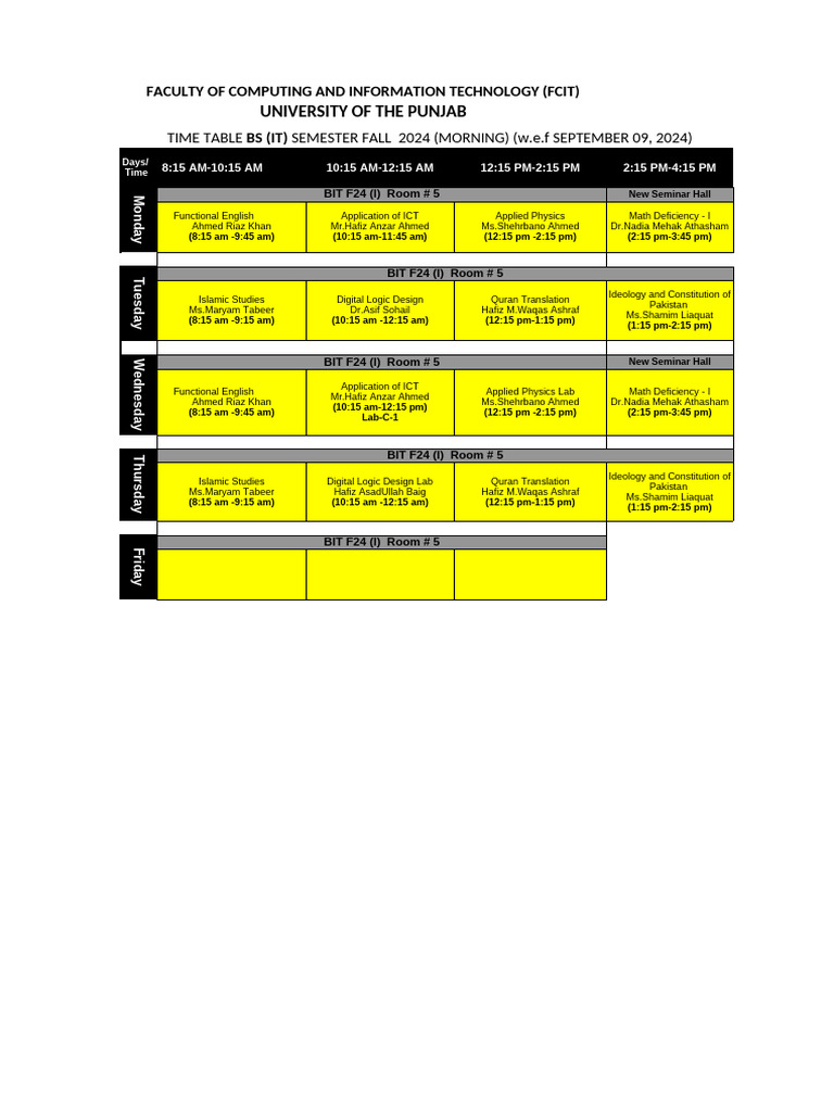 First Semester Old Campus Time Table Fall 2024 | PDF