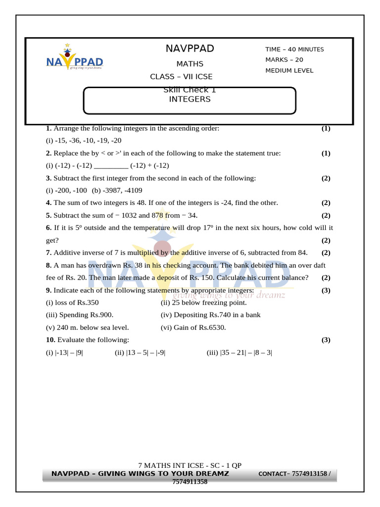 Class 7 ICSE Integers Skill Check | PDF
