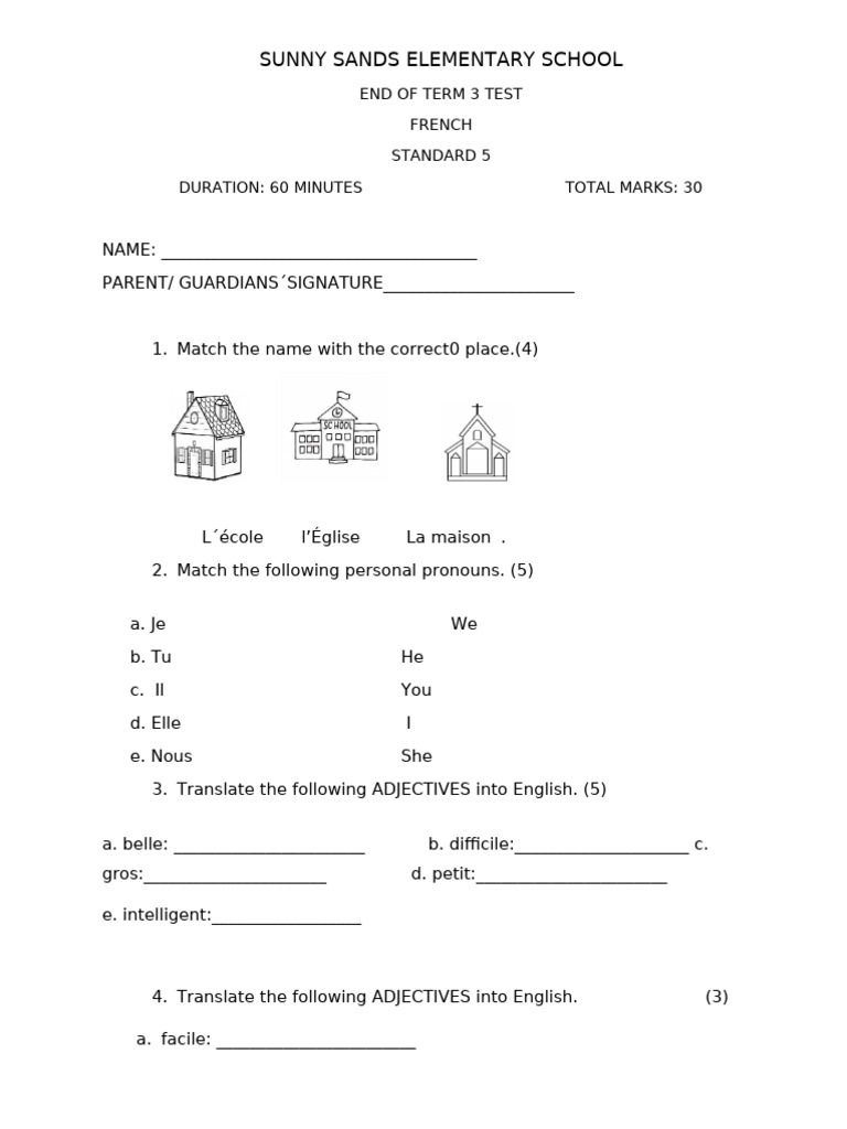 French Test for Standard 5 Students | PDF | Foreign Language Studies ...