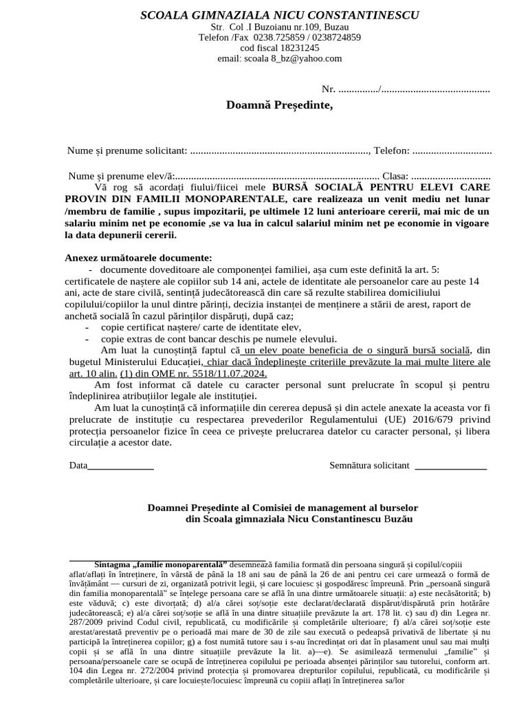 Cerere bursa sociala familie monoparentala | PDF
