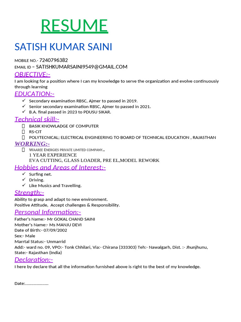 Resume of SATISH KUMAR SAINI | PDF