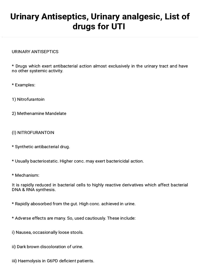 Urinary Antiseptics, Urinary Analgesic, List of Drugs For UTI | PDF