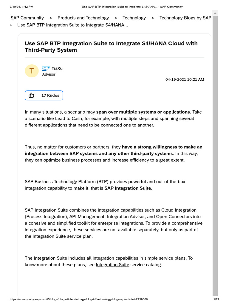 Use SAP BTP Integration Suite To Integrate S4 - HANA... - SAP Community | PDF
