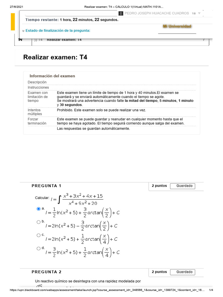 Realizar Examen - T4 - CÁLCULO 1 (Virtual) MATH.1101A.. | PDF