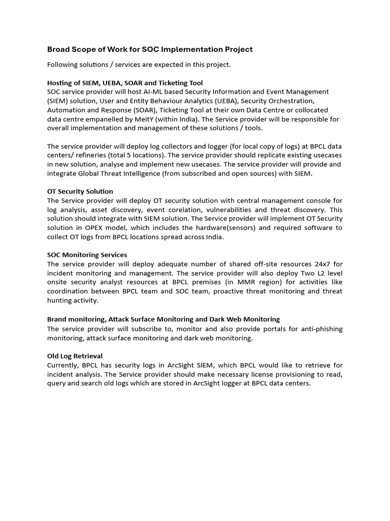 Broad Scope of Work For SOC Implementation Project: Hosting of SIEM ...
