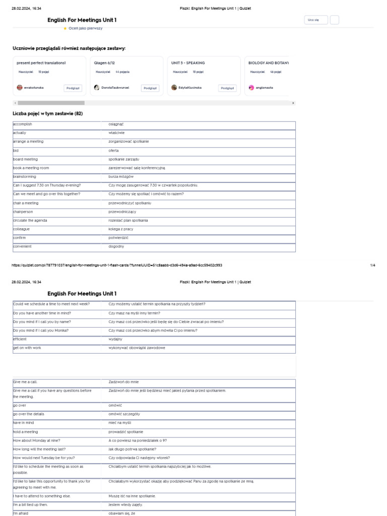 Fiszki - English For Meetings Unit 1 - Quizlet | PDF