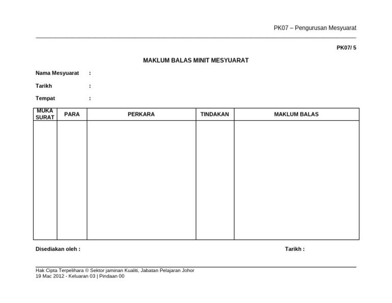 Borang PK 07 5 Maklum Balas Minit Mesyuarat | PDF