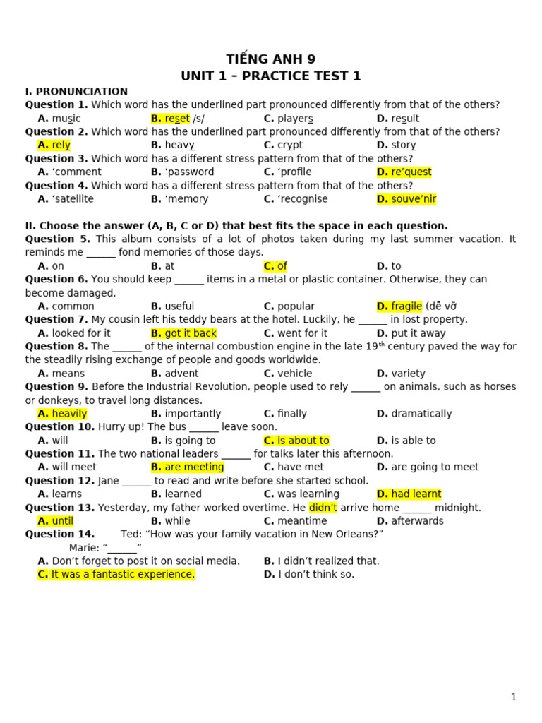 Không Đáp Án - Unit 1 - Practice Test 1 - k9 | PDF