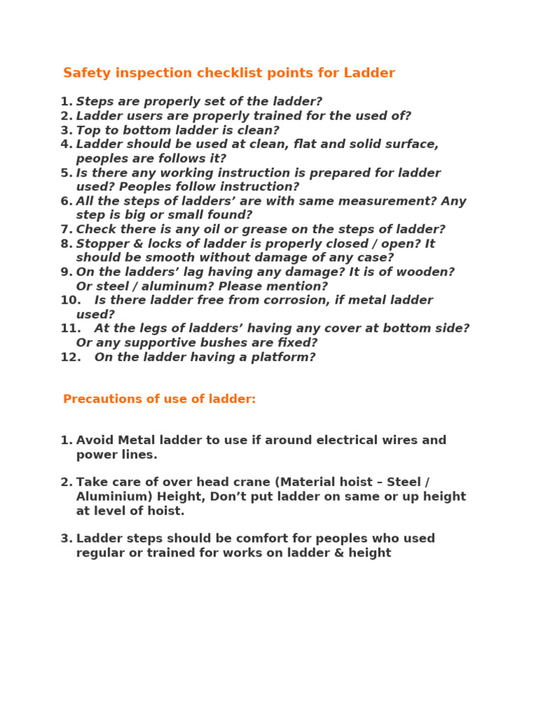 Safety Inspection Checklist Points For Ladder | PDF
