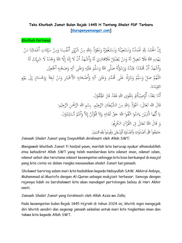 Teks Khutbah Jumat Bulan Rajab 1445 H Tentang Shalat PDF Terbaru | PDF