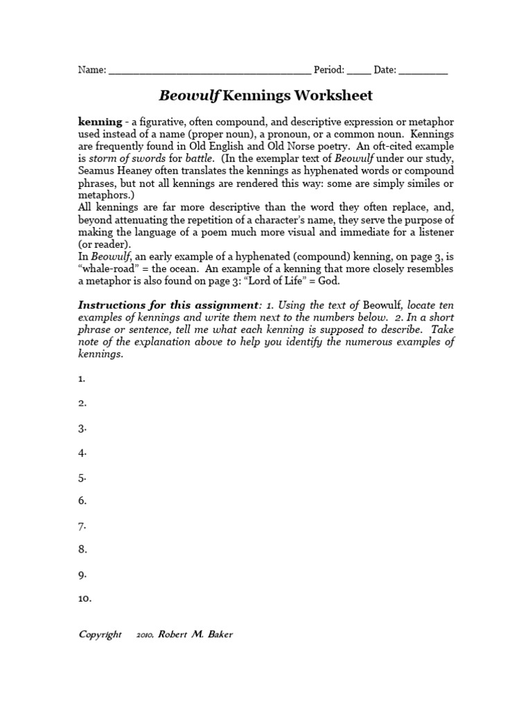 Beowulf: Kennings Worksheet | PDF