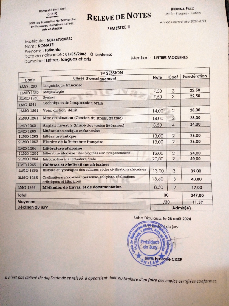 Releve de Notes: Semestre | PDF