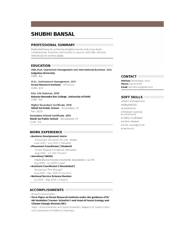 RESUME SHUBHI BANSAL 2024 | PDF