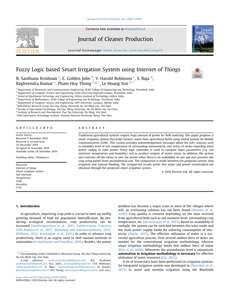 Fuzzy Logic Based Smart Irrigation System Using Internet of Things | PDF