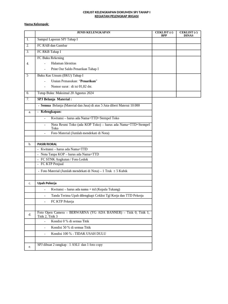 CEKLIST KELENGKAPAN SPJ Tahap I - BPP | PDF