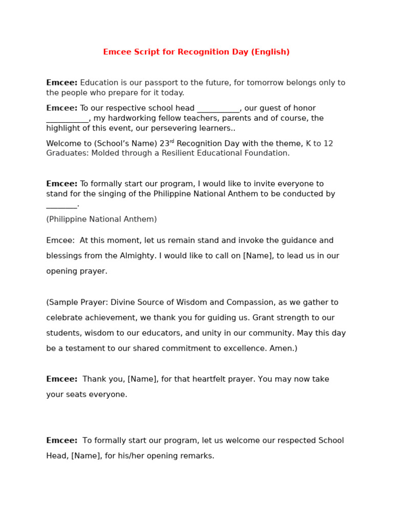 Emcee Script For RecognitionDay - English | PDF