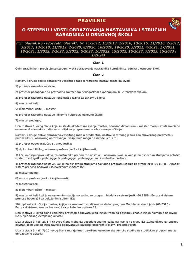 Pravilnik o Stepenu I Vrsti Obrazovanja Nastavnika I Strunih Saradnika U Osnovnoj Školi 1.2024 ...