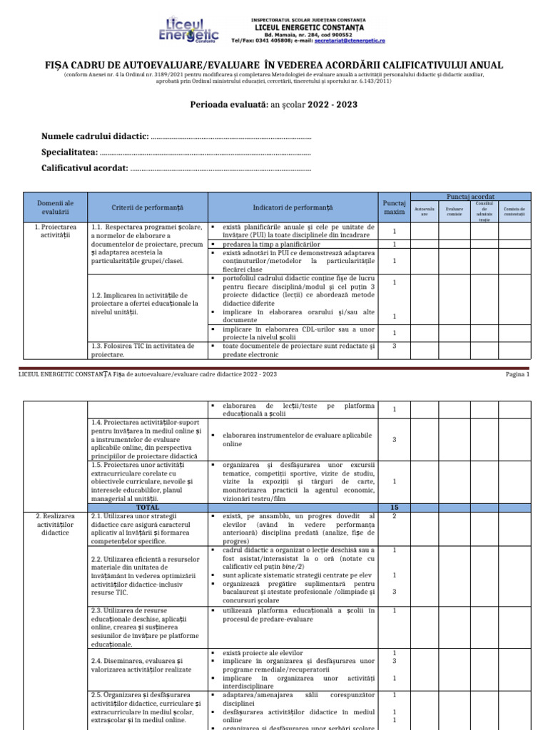 Fisa (Auto) Evaluare Cadre Didactice - 2022-2023 | PDF