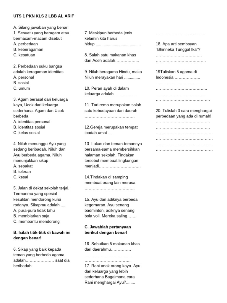 Uts 1 KLS 2 Lengkap 2024 | PDF