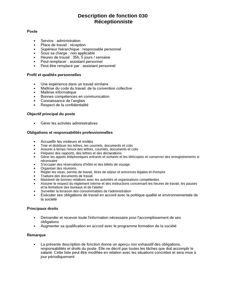 Description de Fonction 030 Réceptionniste: Poste | PDF