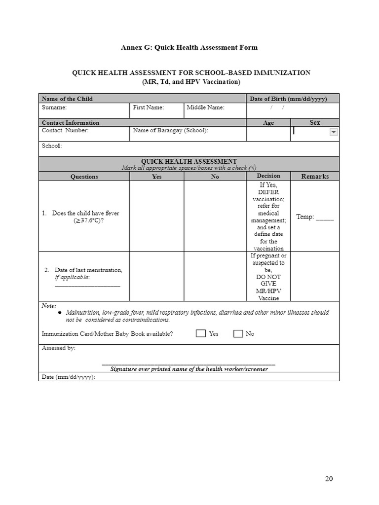 Annex G. SBI Quick Health Assessment Form | PDF