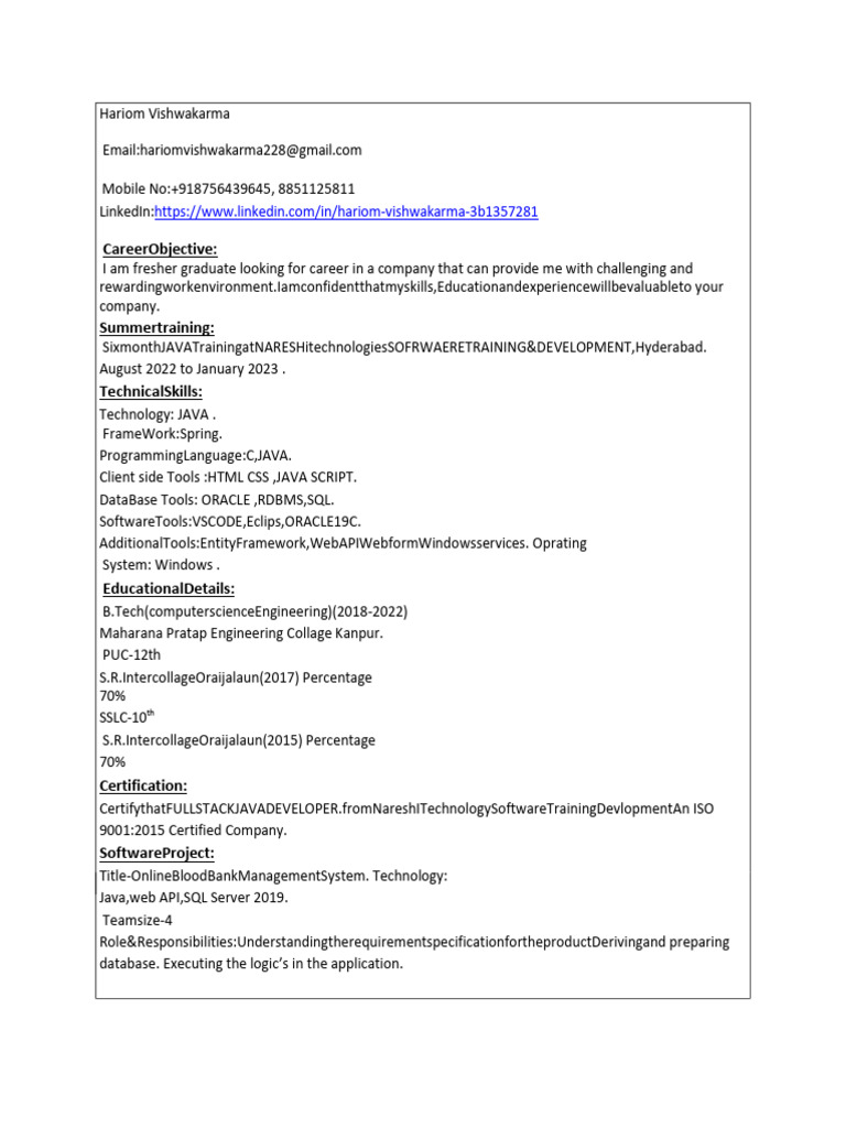 Hariom Vishwakarma228 CV | PDF