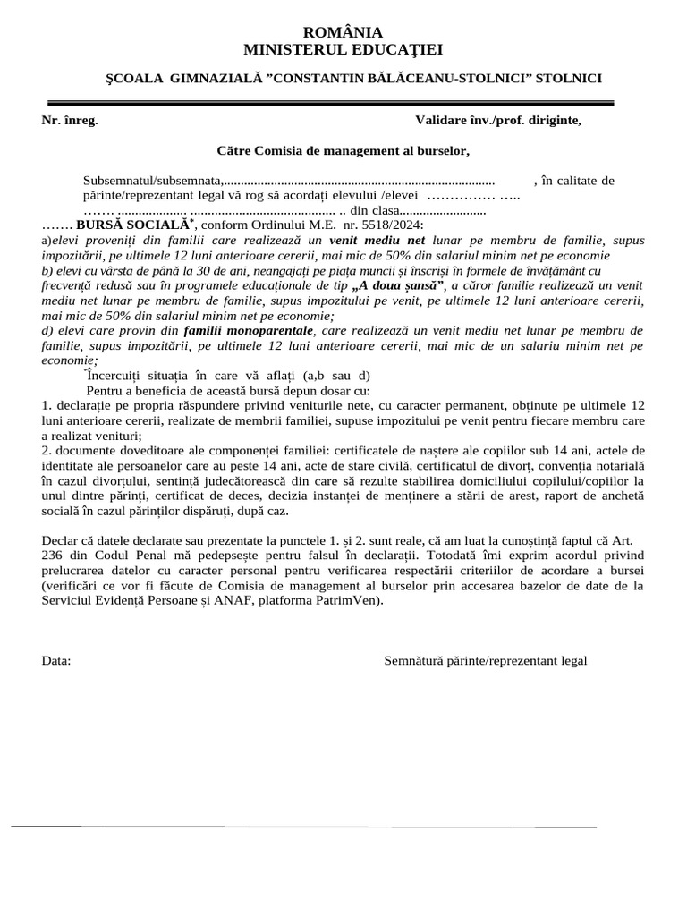Cerere Bursa Soc. Ven+Monoparentale+S2 | PDF