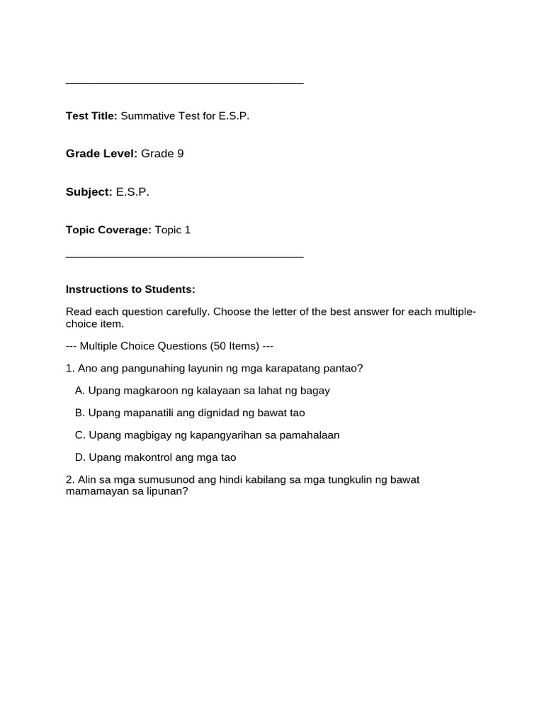 summative_test_E.S.P. 9 | PDF