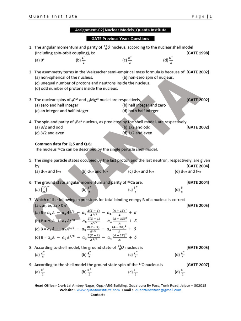 Assignment 02 (Nuclear Model) | PDF