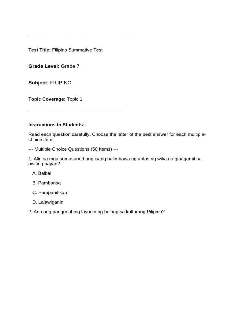 Summative - Test - FILIPINO 7 | PDF | Dialectology | Art