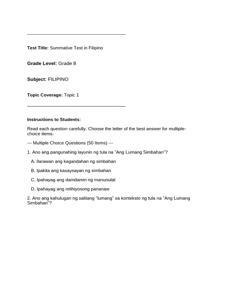 Grade 8 Filipino Summative Test | PDF | Educational Assessment And ...
