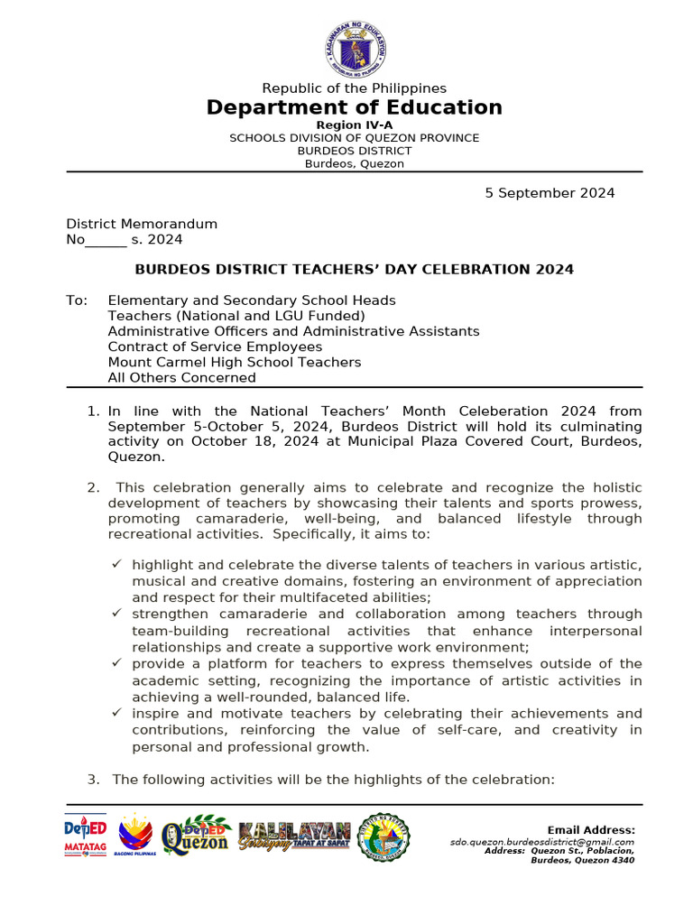 Burdeos District Teachers' Day 2024 Memo | PDF | Teachers | Team Building