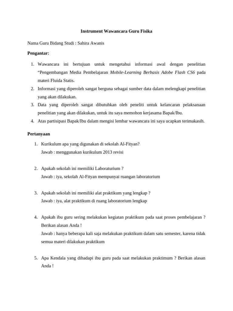 Instrument Wawancara Guru Fisika | PDF