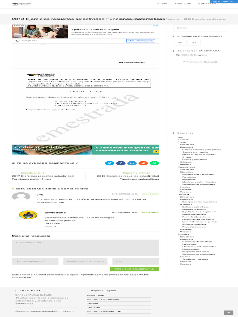 2018 Ejercicios Resueltos Selectividad Funciones Matemáticas ? Emestrada | PDF